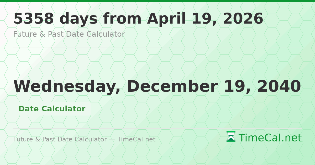 5358 Days From April 19, 2026 - Date And Time Calculator